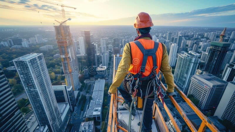 Construction Worker Admiring Cityscape from Skyscraper Rooftop. AIG41 ...