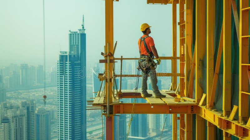 Construction Worker Admiring Cityscape from Skyscraper Rooftop. AIG41 ...