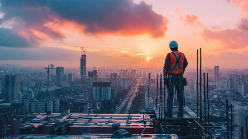 Construction Worker Admiring Cityscape from Skyscraper Rooftop. AIG41 ...