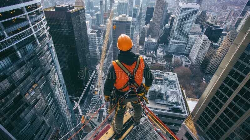 Construction Worker Admiring Cityscape from Skyscraper Rooftop. AIG41 ...