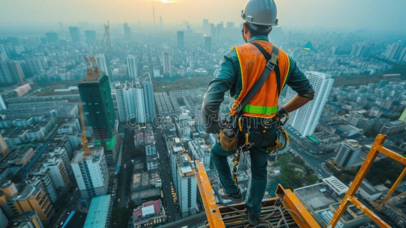 Construction Worker Admiring Cityscape from Skyscraper Rooftop. AIG41 ...