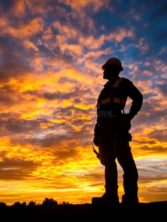 Construction Worker Poses with Tools Against a Dramatic Sunset Sky ...