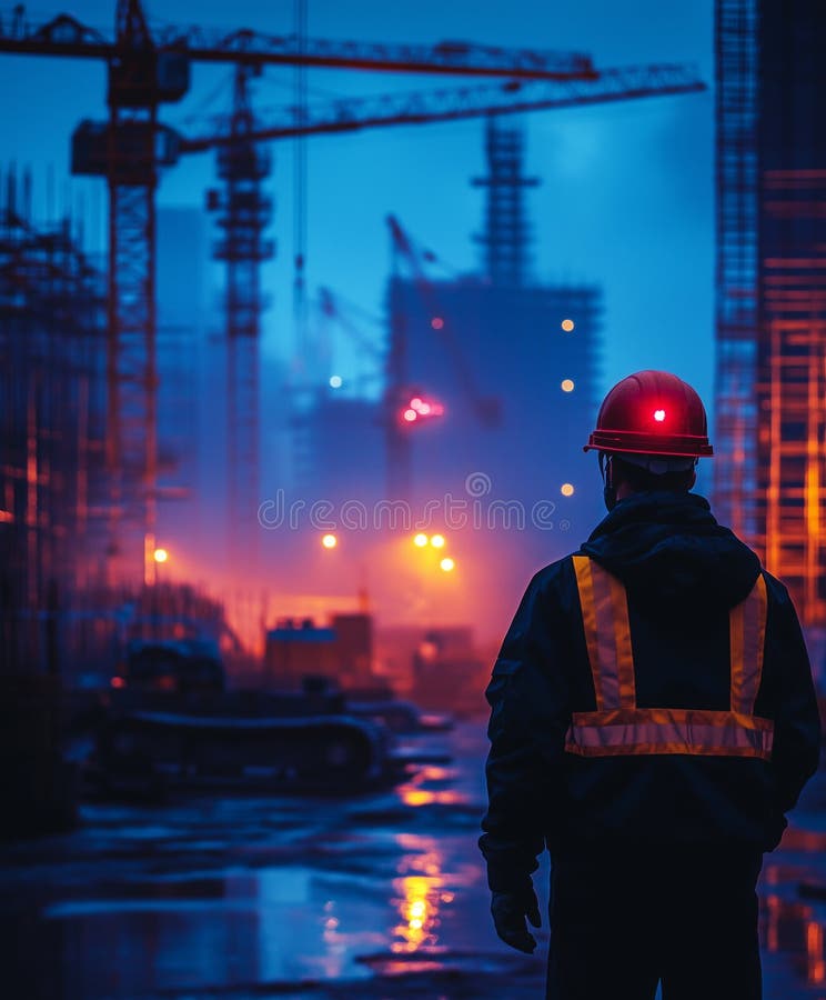 Construction Worker Stands at Dusk, Observing Bustling Site with Cranes ...