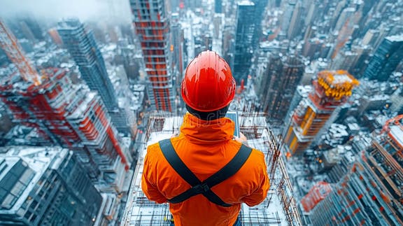 A Construction Worker Stands at a Height on the Construction Site of a ...