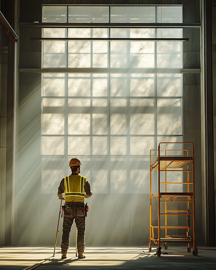 Construction Worker Stands in Industrial Warehouse, Illuminated by ...