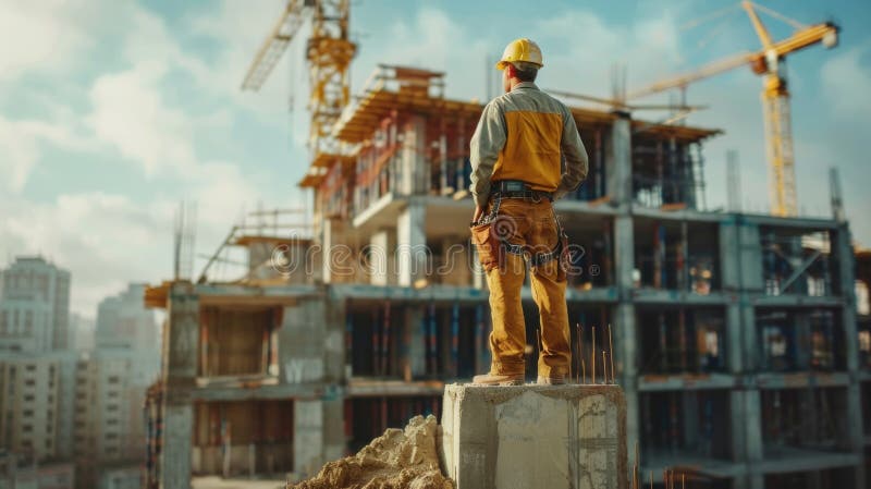 A Construction Worker Stands on a Ledge in Front of a Building Stock ...