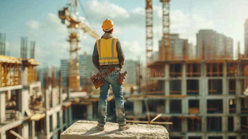 A Construction Worker Stands on a Ledge in Front of a Building Stock ...