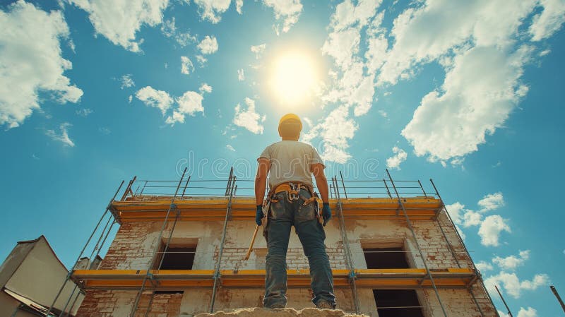 Construction Worker Gazes at the Bright Sun while Standing Atop a ...