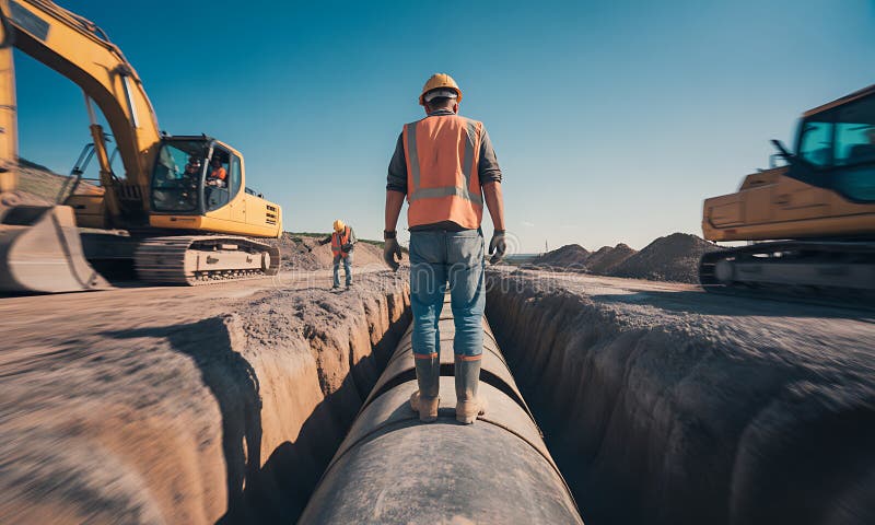Construction Worker Stands on Pipeline at Construction Site Back View ...