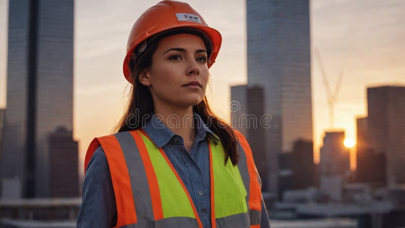 A Construction Worker Stands Proudly at Sunset, Embodying Strength and Determination Stock Image ...