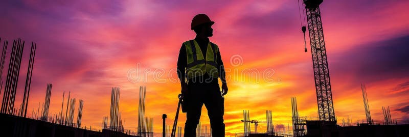 Construction Worker Stands Proudly with Tools Against a Dramatic Sunset ...