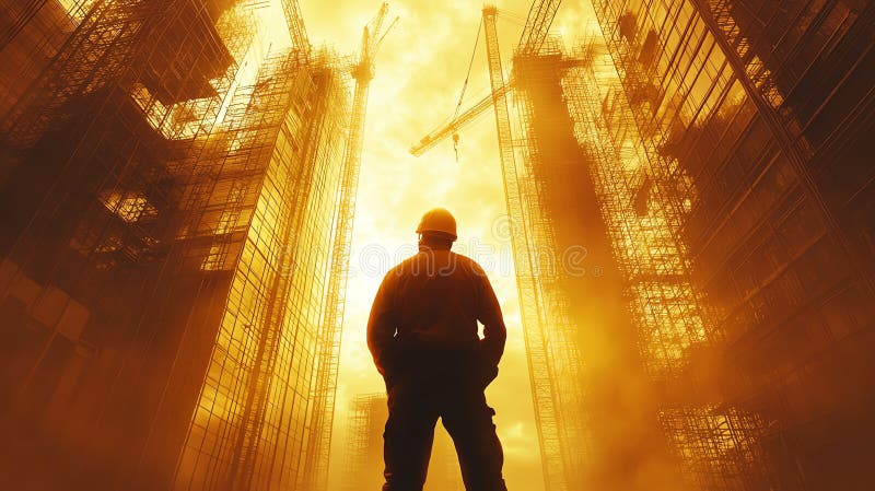 A Construction Worker Stands Silhouetted Against a Fiery Backdrop ...
