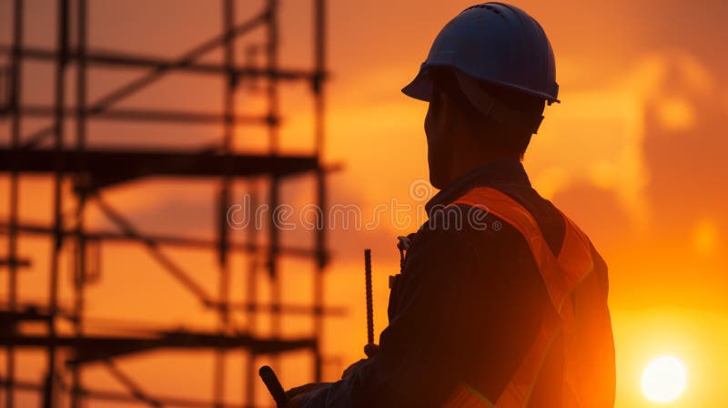 A Construction Worker Stands Silhouetted Against a Sunset, Facing a ...