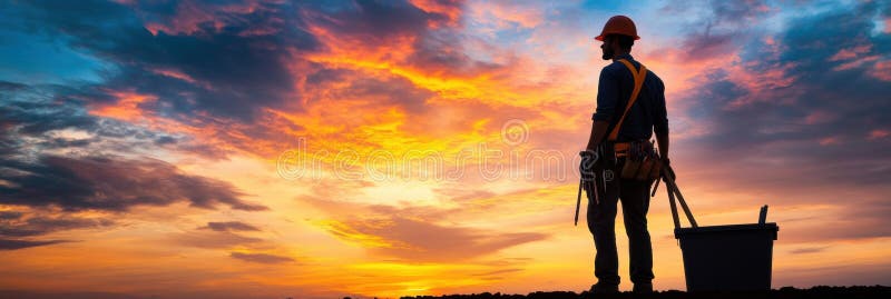 Construction Worker Stands with Tools Against Dramatic Sunset Sky ...