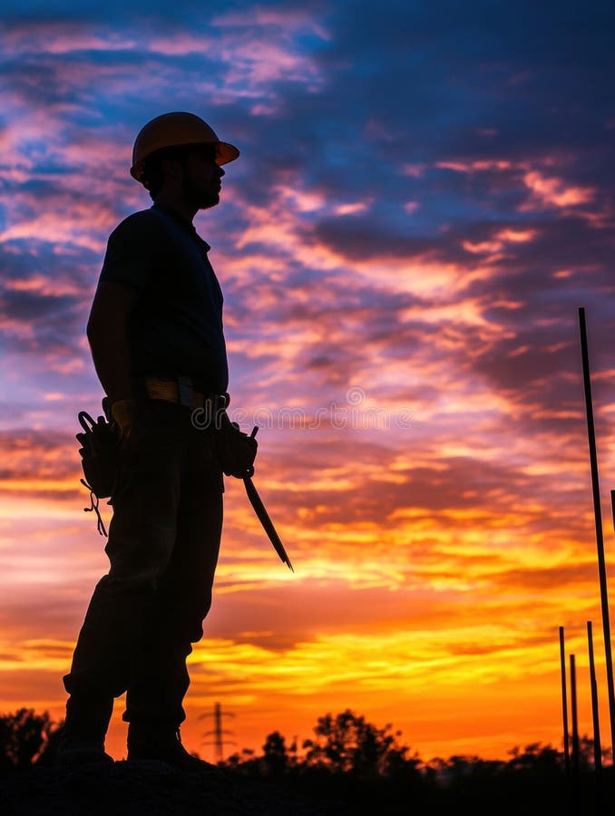 Construction Worker Stands with Tools Against a Dramatic Sunset Sky ...