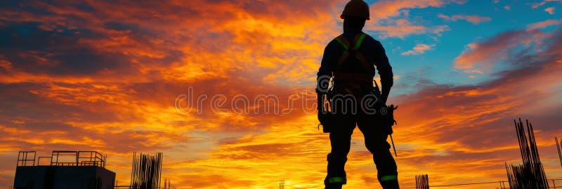 Construction Worker Stands with Tools Against a Vibrant Sunset Backdrop ...
