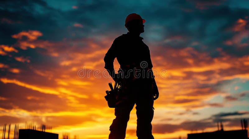 Construction Worker Stands with Tools at Sunset Under a Dramatic Sky ...