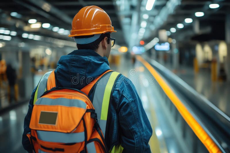 Construction Worker at a Modern Transit Station Prepared for the Day ...