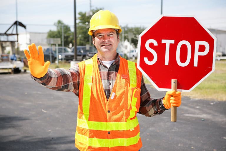 Construction Worker with Stop Sign Stock Image - Image of collar ...