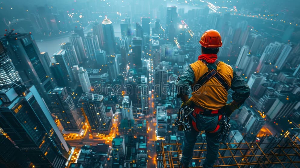 Construction Worker Striking Pose on Skyscraper with Dramatic Cityscape ...