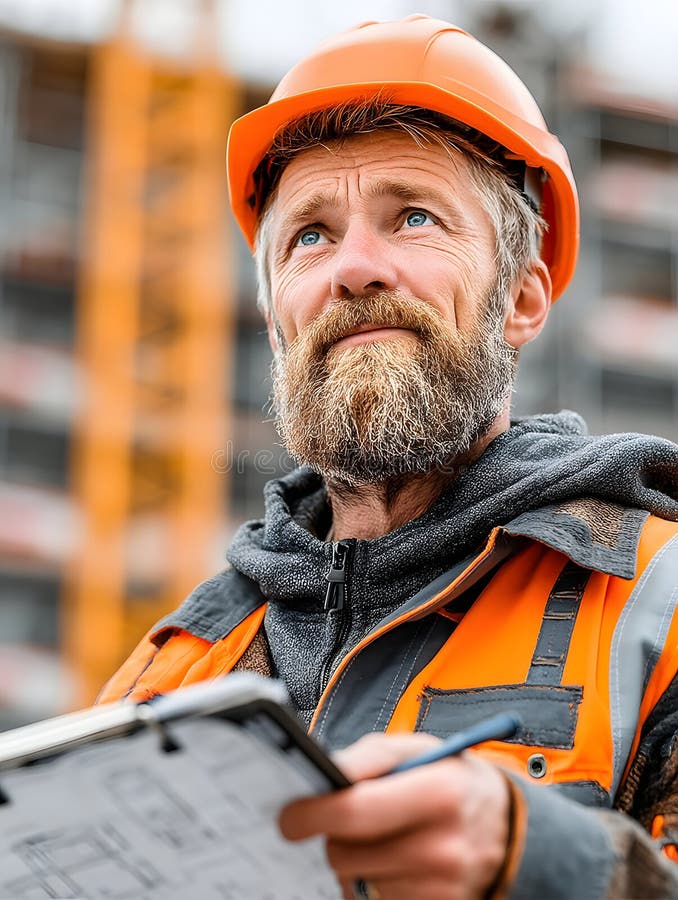 Construction Worker Studies Blueprint on Building Site Stock ...