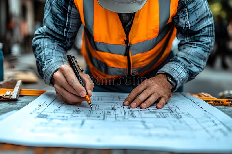 A Construction Worker Studies Detailed Blueprints on a Table while ...