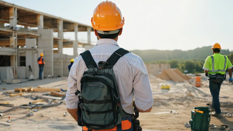 Construction Worker Supervising a Building Site, Wearing a Hard Hat and ...