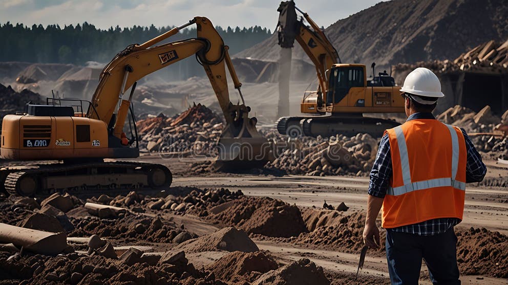 Construction Worker Supervising Excavator Operations in a Quarry Stock ...