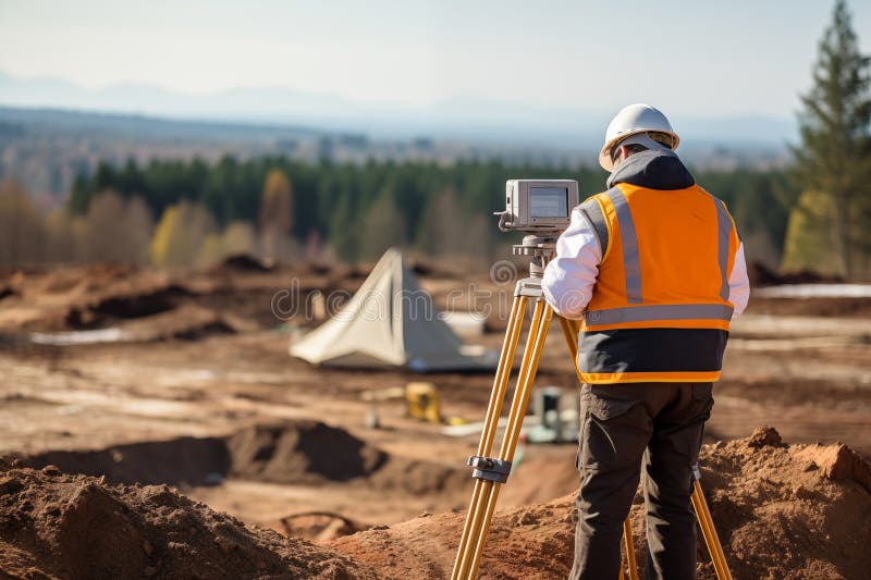 Construction Worker Surveyor Meticulously Measuring and Analyzing ...