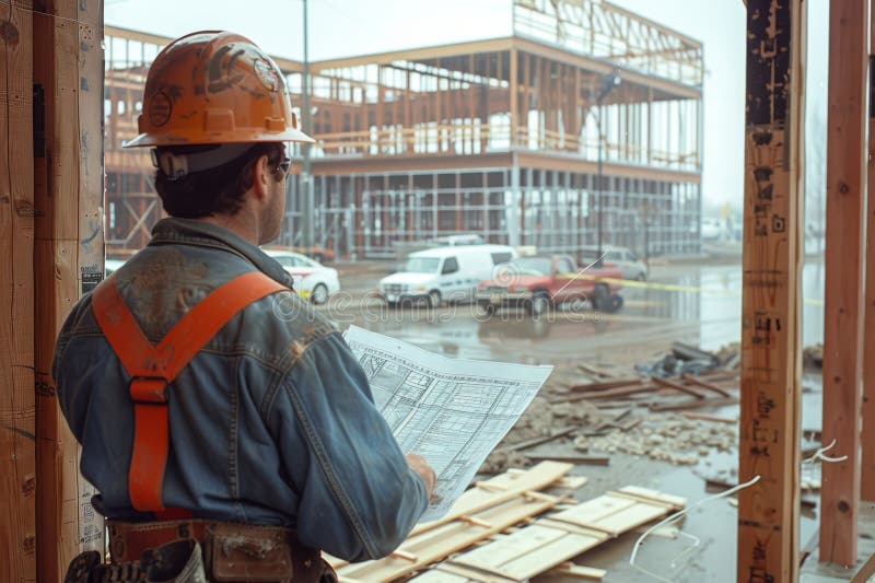 Construction Worker Surveys Blueprints at a Building Site Stock ...
