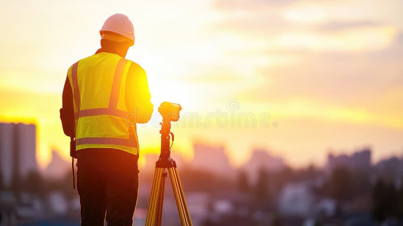 A Construction Worker Surveys the Landscape at Sunset, Showcasing ...