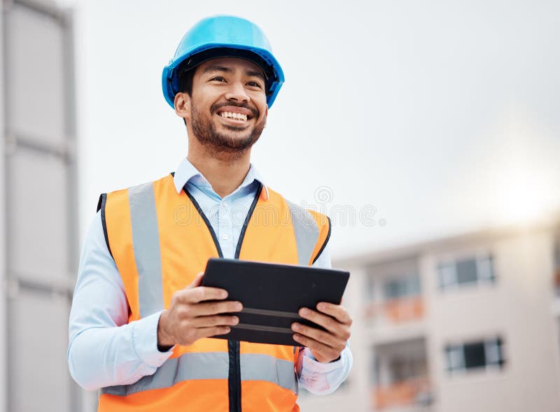 Construction Worker, Tablet and Man Builder with Research and Digital ...