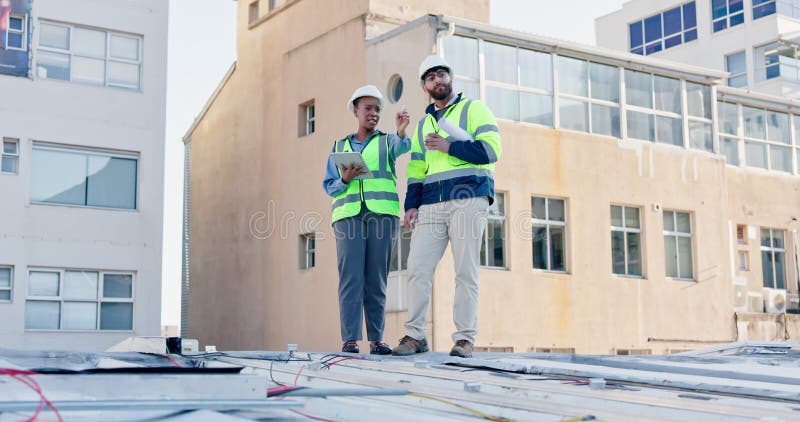 Construction Worker, Tablet and People with Collaboration and Teamwork ...