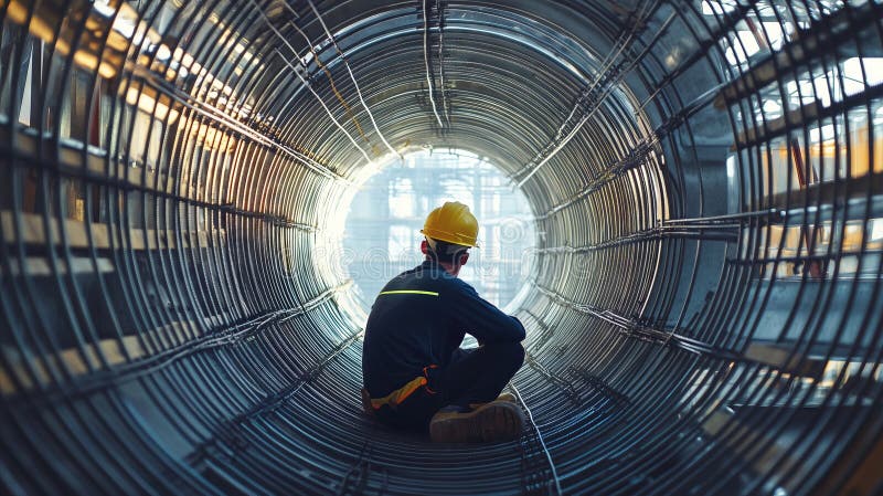 Construction Worker Sitting Inside Reinforcement Cage Tunnel Structure ...