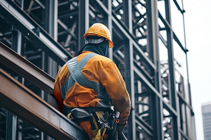 Construction Worker Taking a Break on Steel Beam at Construction Site ...