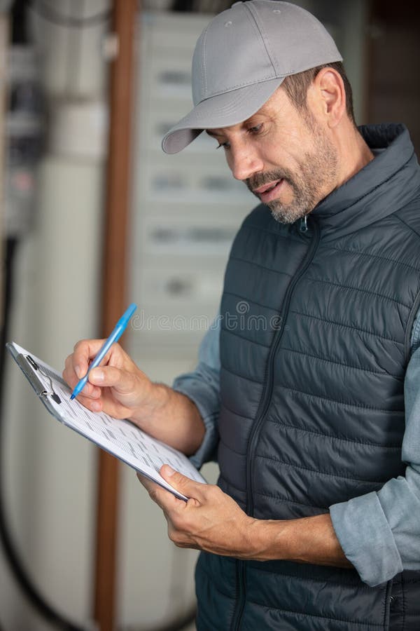 Construction Worker Taking Notes on Clipboard in New House Stock Photo ...