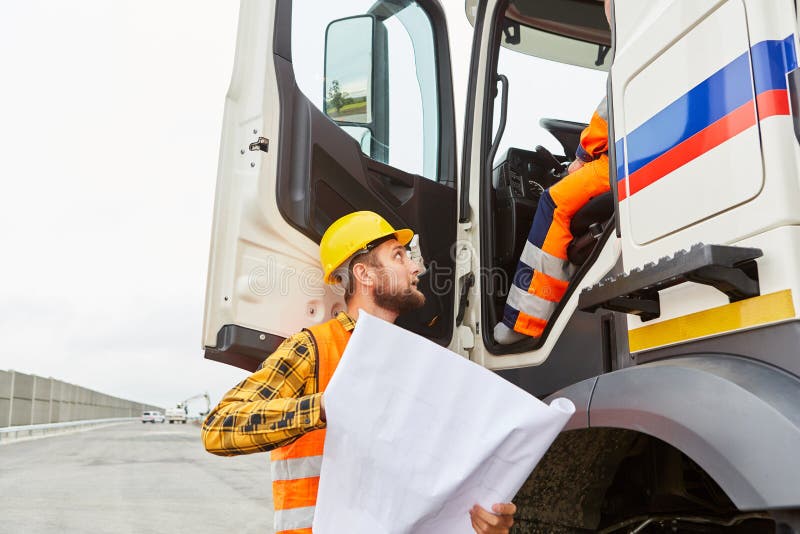 Construction Worker Talks To Truck Driver about Delivery Stock Photo ...