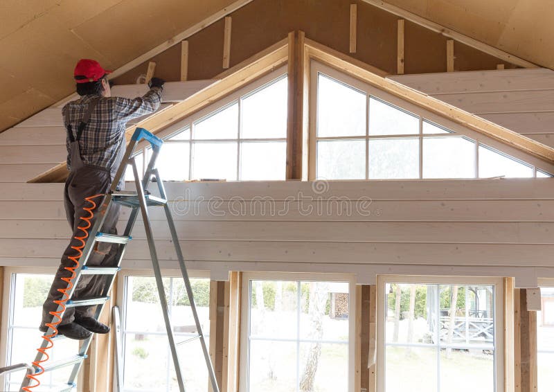 Construction Worker Thermally Insulating Eco Wooden Frame House. Stock ...