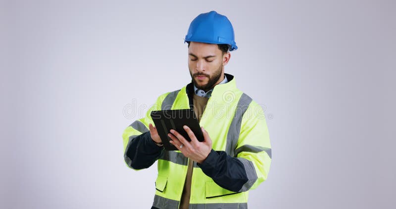 Construction Worker, Thinking and Man Engineer with Tablet Planning ...