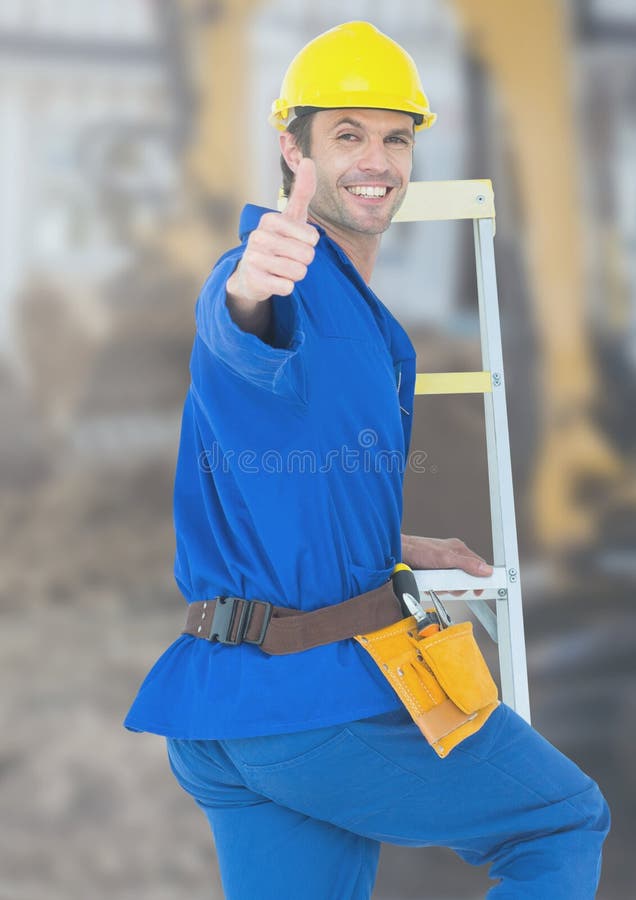 Construction Worker with Thumbs Up in Front of Construction Site Stock ...