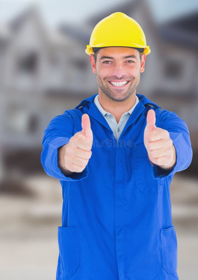 Construction Worker with Thumbs Up in Front of Construction Site Stock ...