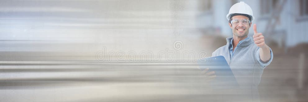 Construction Worker with Thumbs Up in Front of Construction Site with ...