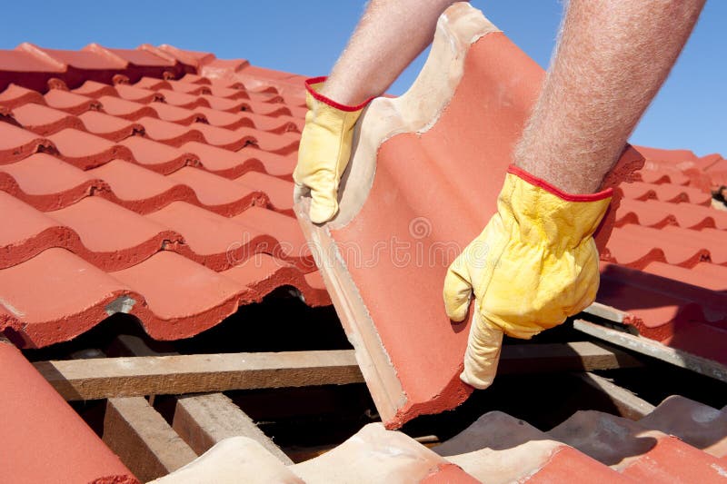 Construction Worker Tile Roofing Repairs Stock Photo - Image of estate ...