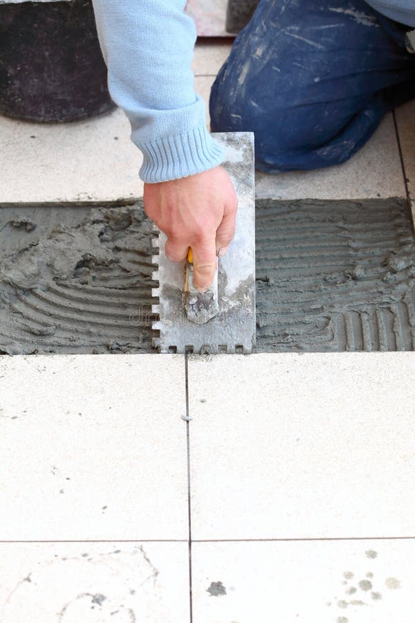 Construction Worker is Tiling at Home Stock Image - Image of building ...