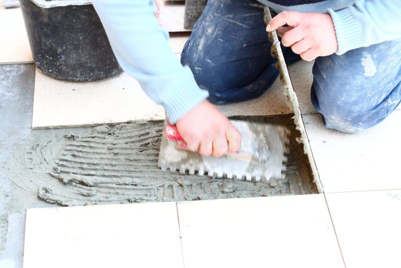 Construction Worker is Tiling at Home Stock Image - Image of work ...