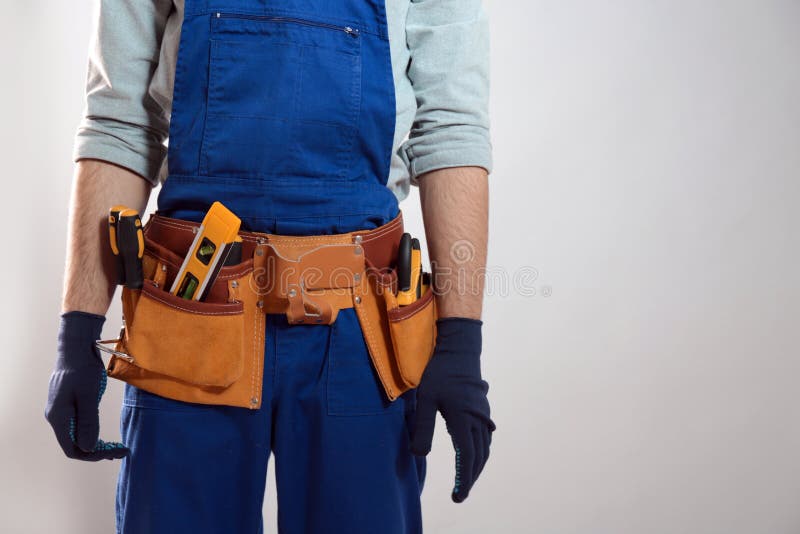 Construction Worker with Tool Belt, Closeup. Space for Text Stock Image ...