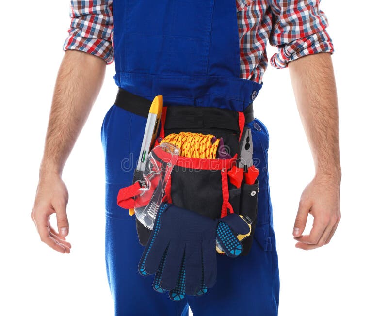 Construction Worker with Tool Belt on White Background, Stock Photo ...
