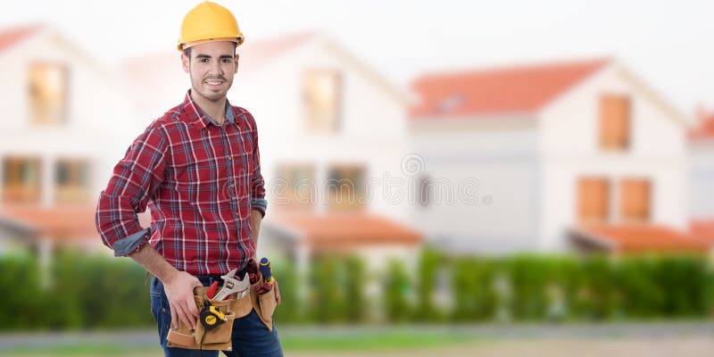 Construction Worker with Tools and Buildings Stock Photo - Image of ...