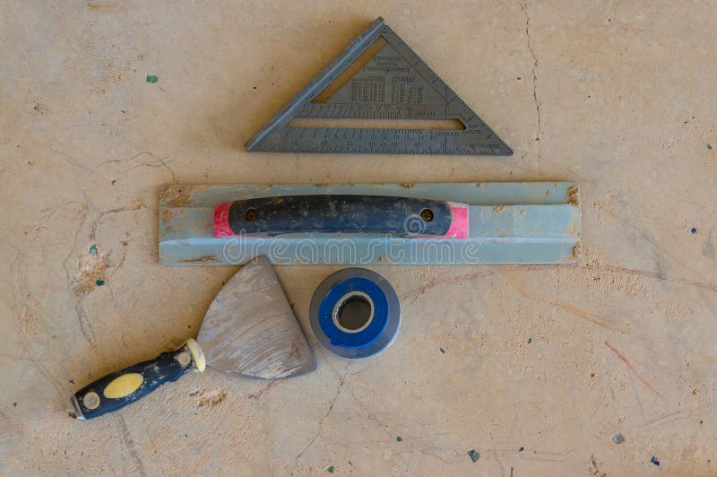 Construction Worker Tools on Concrete Floor Background Stock Image ...