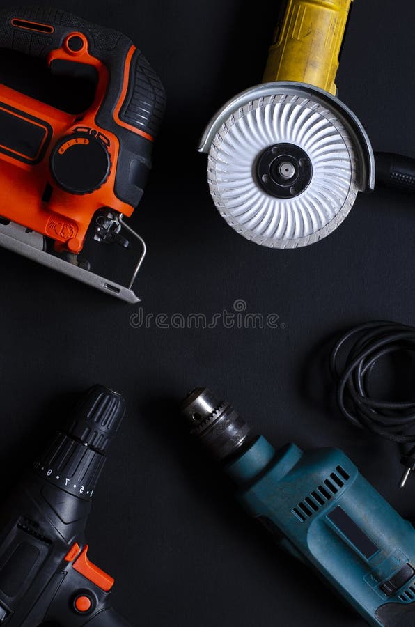 Construction Worker Tools on a Dark Background Top View. Stock Photo ...
